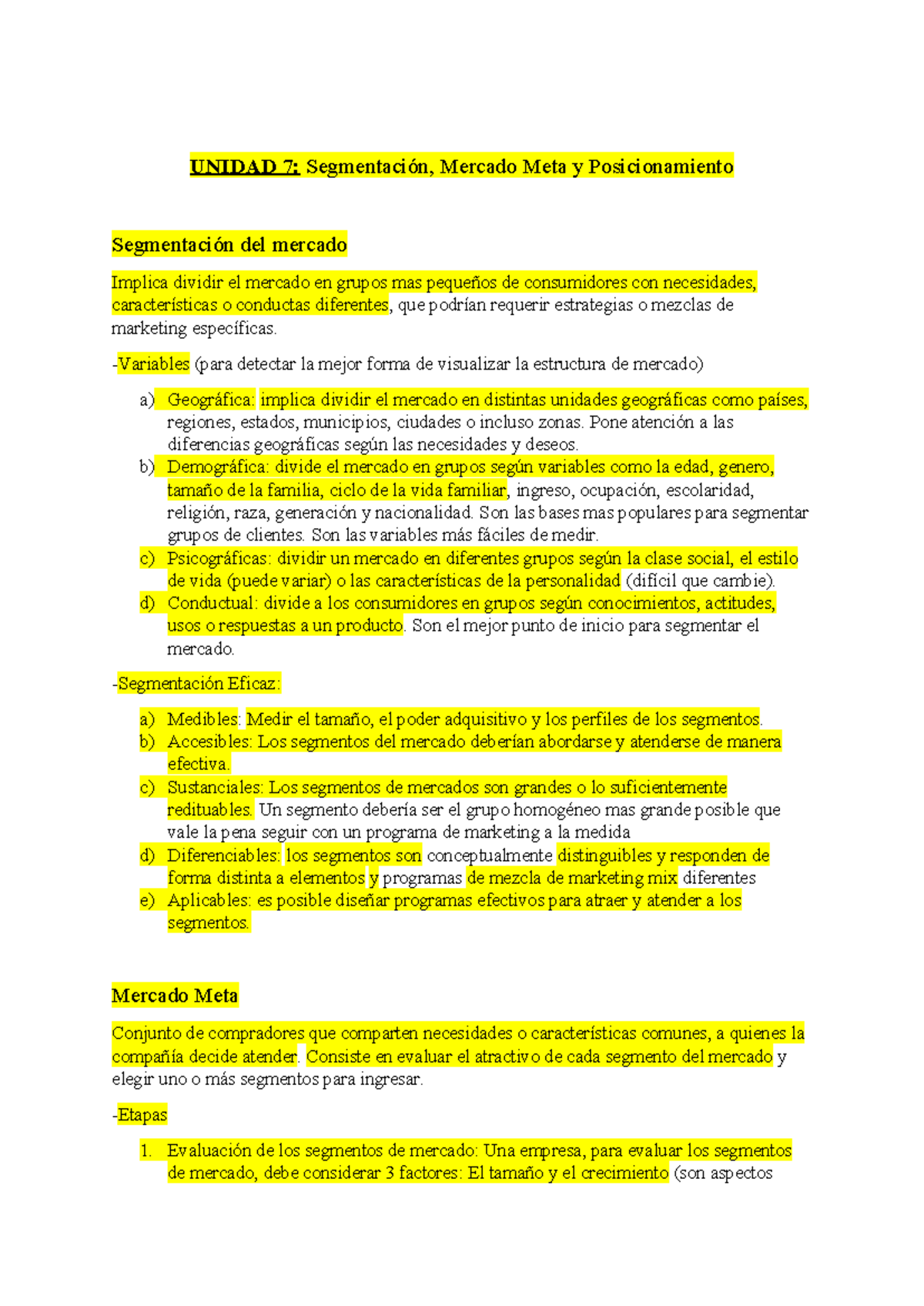 Resumen 2do parcial mkt Subrayado - UNIDAD 7: Segmentación, Mercado ...