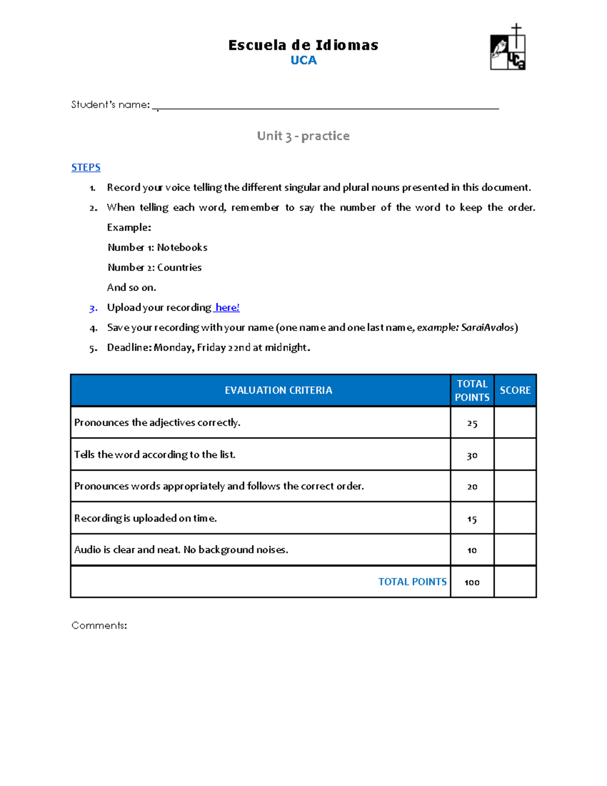 UCA Unit 3: Singular and Plural Nouns Practice Recording - Studocu
