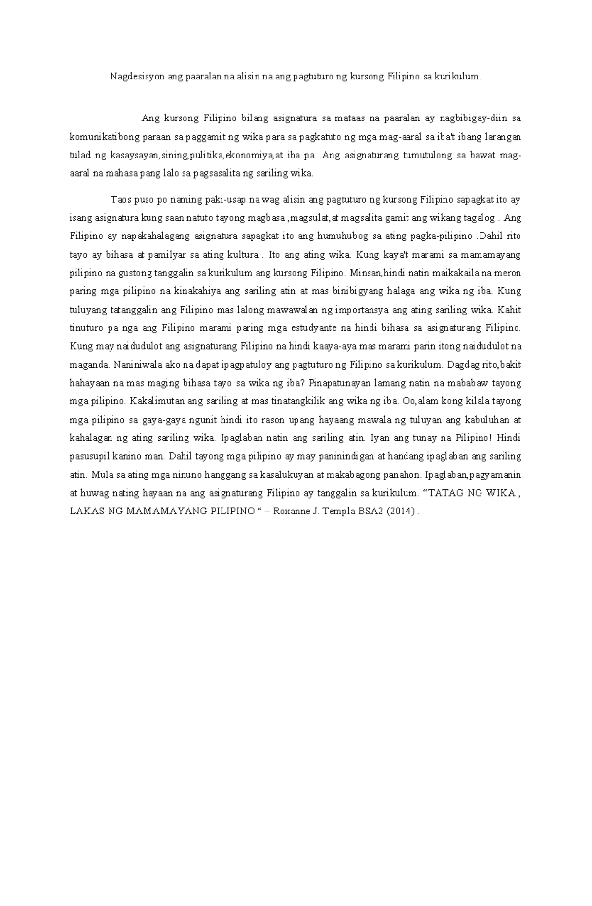 Filipino - lecture notes - Nagdesisyon ang paaralan na alisin na ang ...