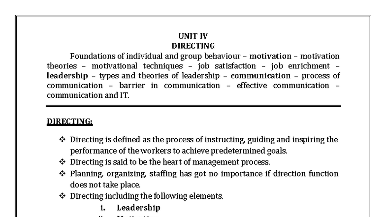 UNIT IV DIRECTING: Foundations of Individual and Group Behavior - Studocu