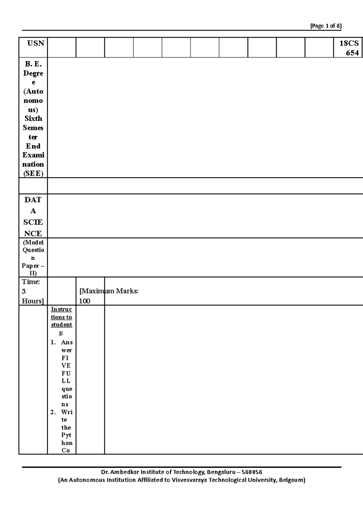 Data Science 18CS654 Model Question Paper II - End Sem Exam - Studocu