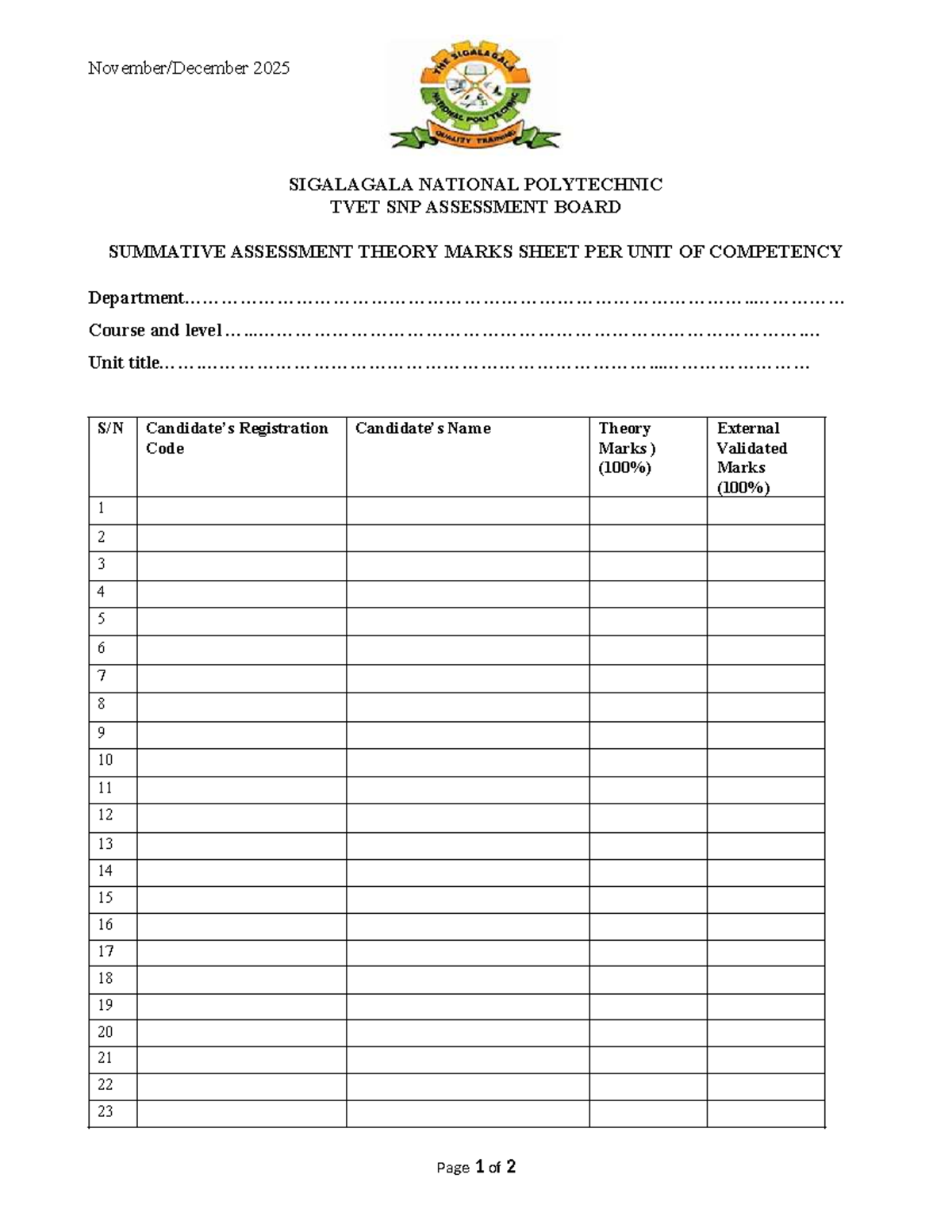 Final Theory & Moderated Marksheet - November/December 2025 SIGALAGALA ...