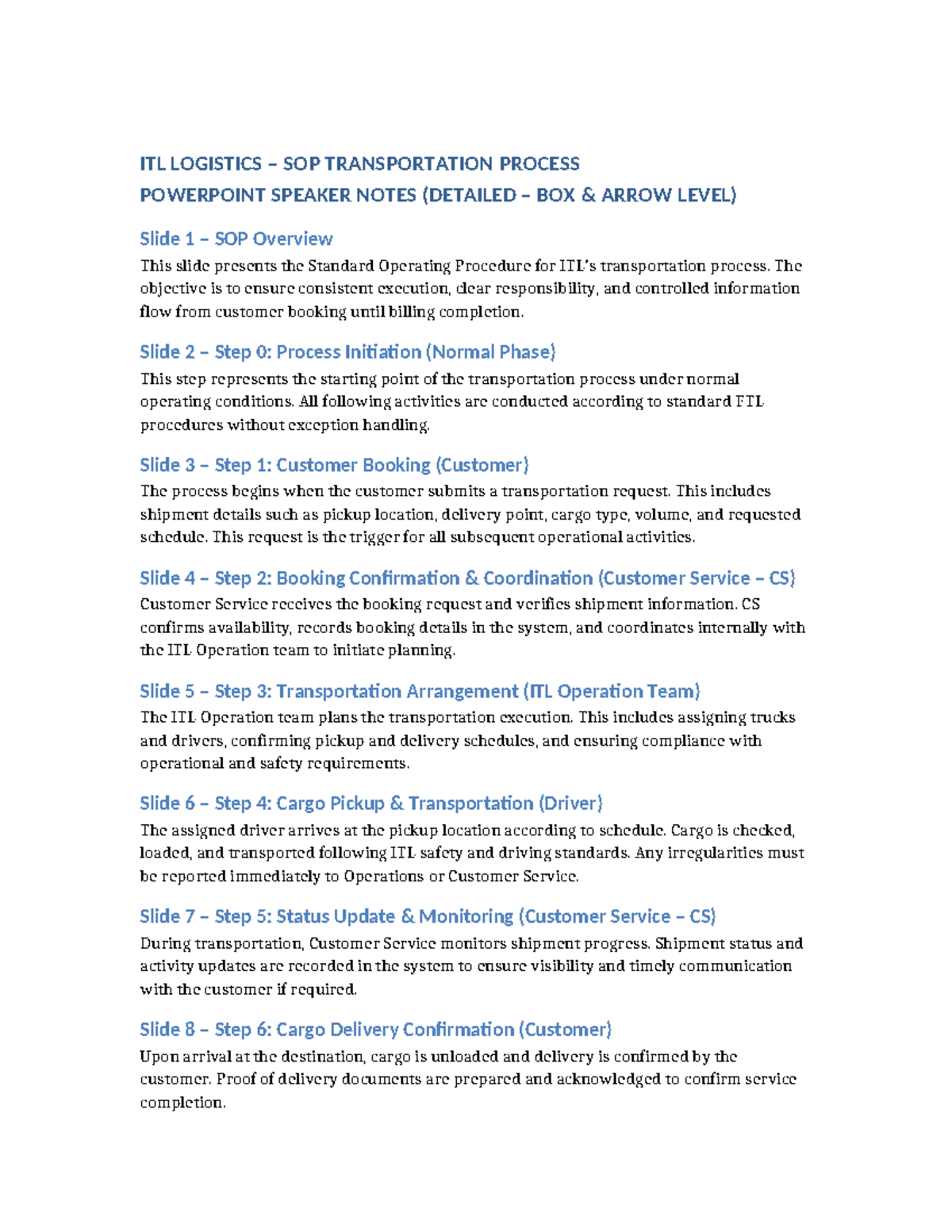 ITL SOP Transportation Process Speaker Notes (Detailed) - Studocu