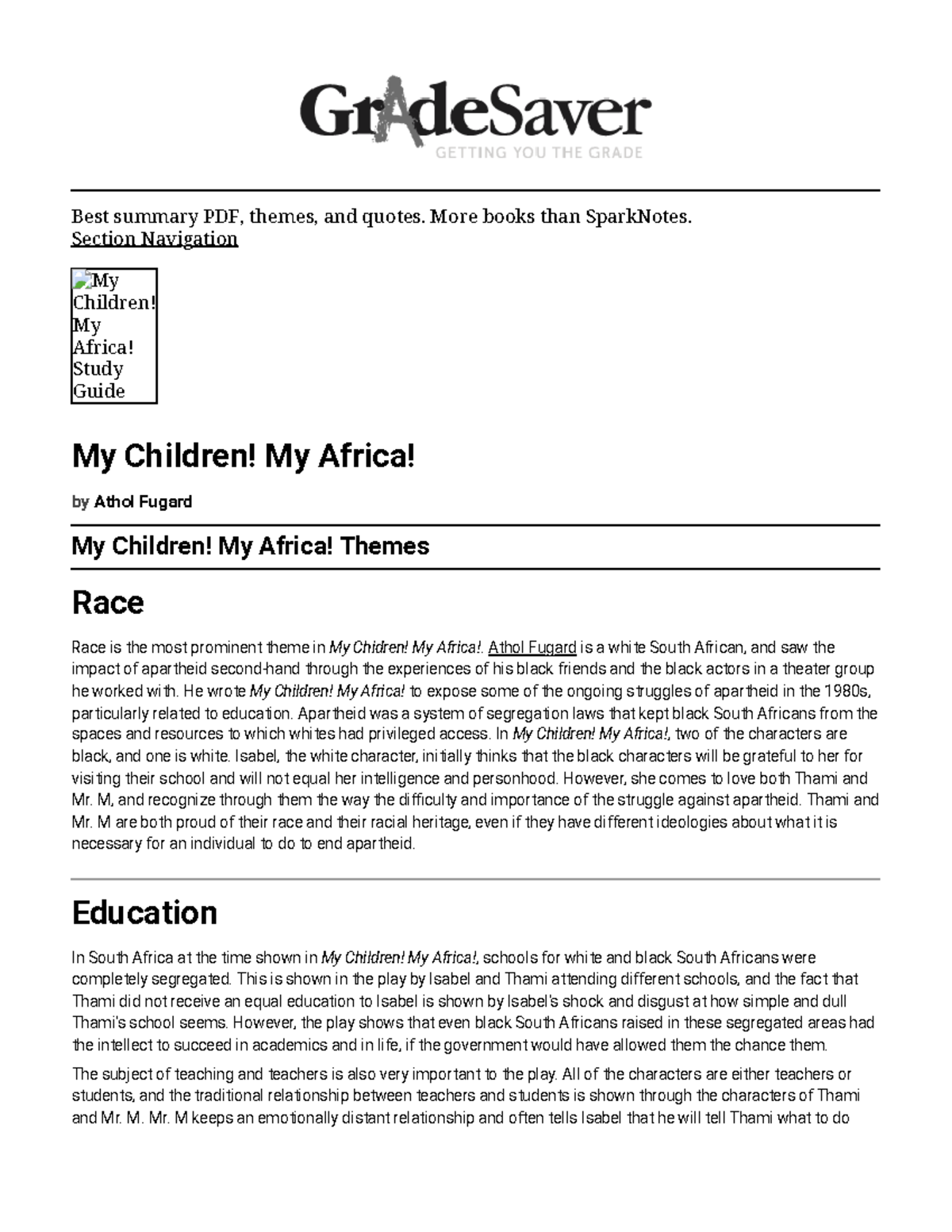 My Children! My Africa! Themes and Analysis - Grade Saver Study Guide ...