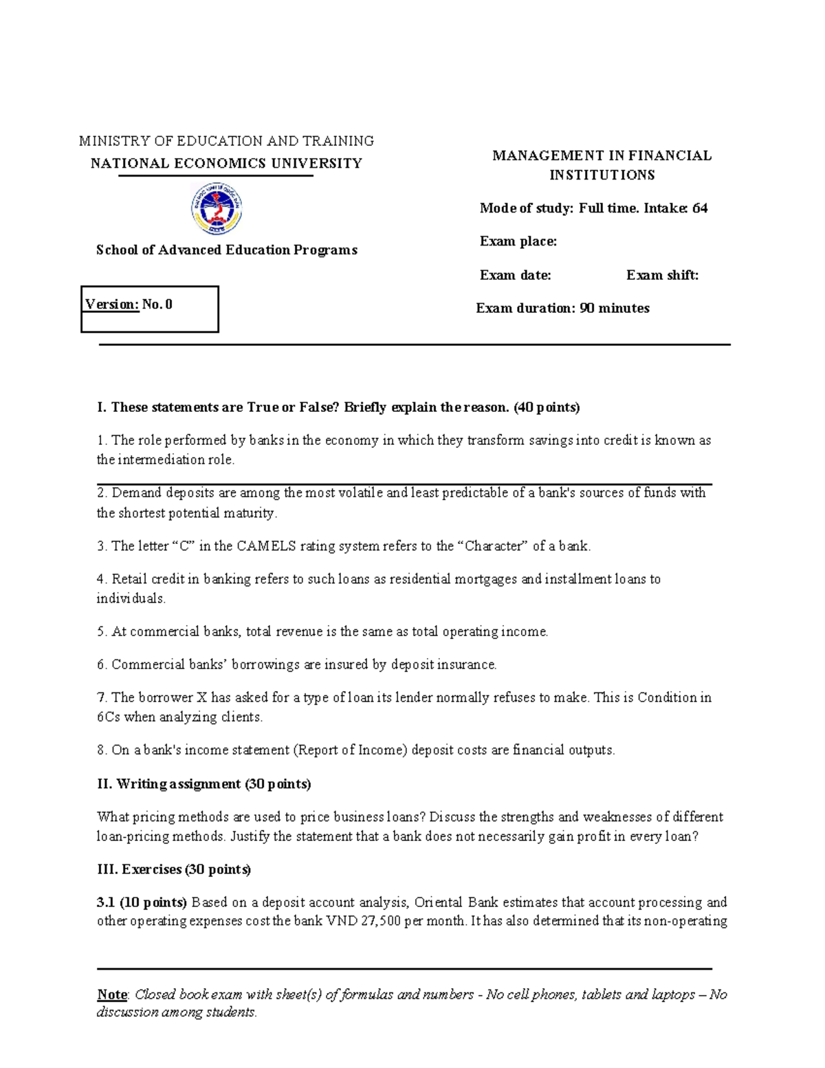 Final Exam Sample Questions and Format - FIN460 - Studocu