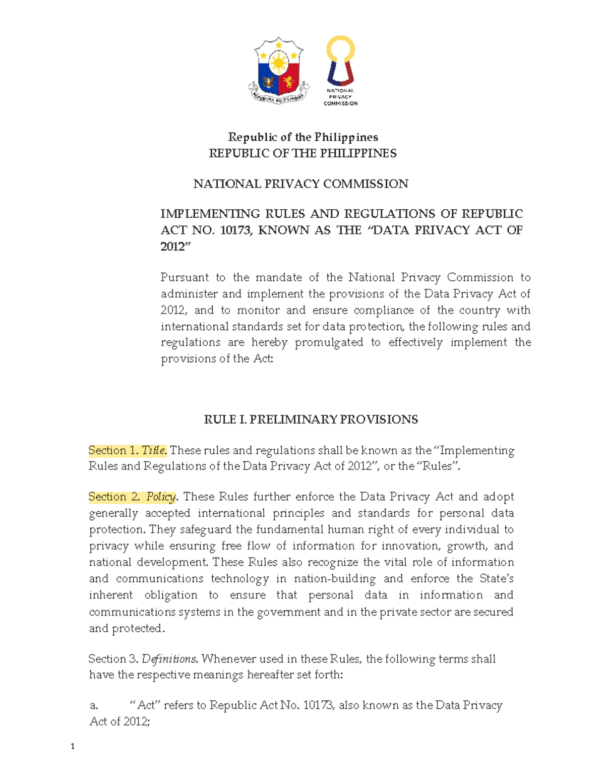 Data Privacy Act of 2012 republic act no 10173 - REPUBLIC OF THE ...