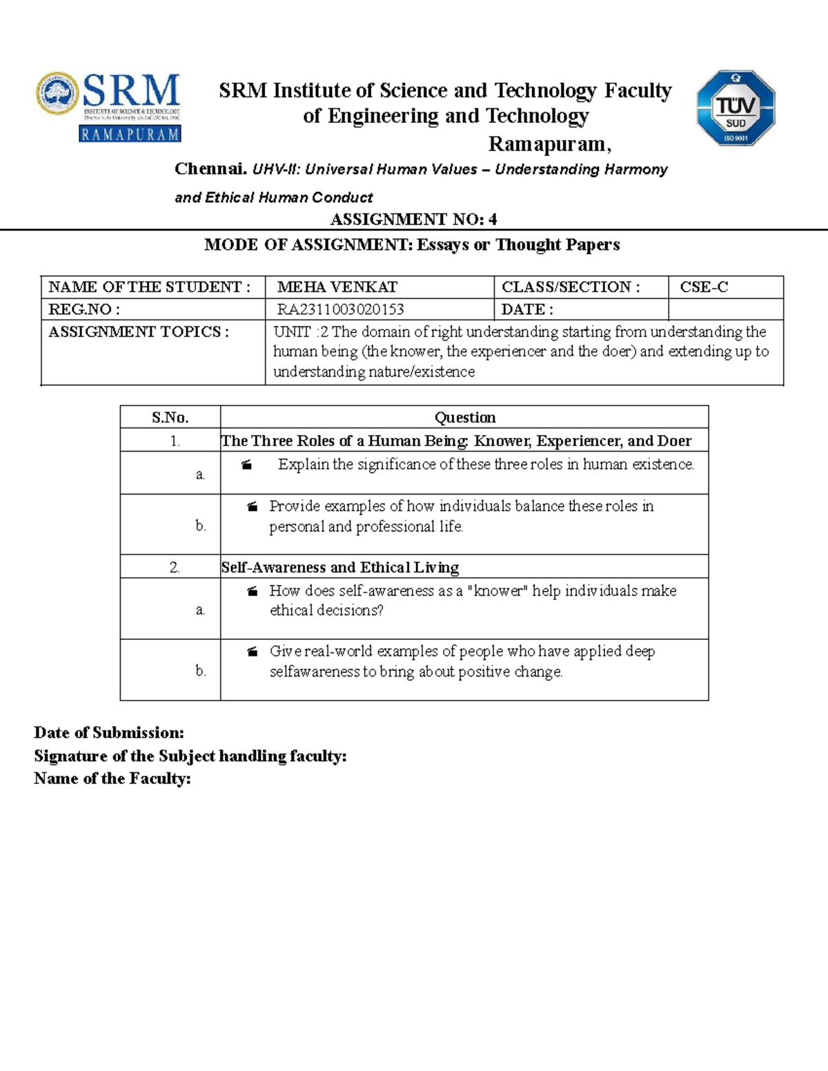 UHV Assisgnment Q - uhv assignment - SRM Institute of Science and Technology Faculty of ...