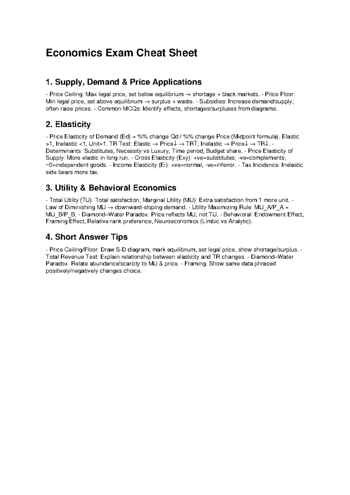 Econ 101 Exam Cheat Sheet - Supply, Demand, Elasticity & Utility - Studocu