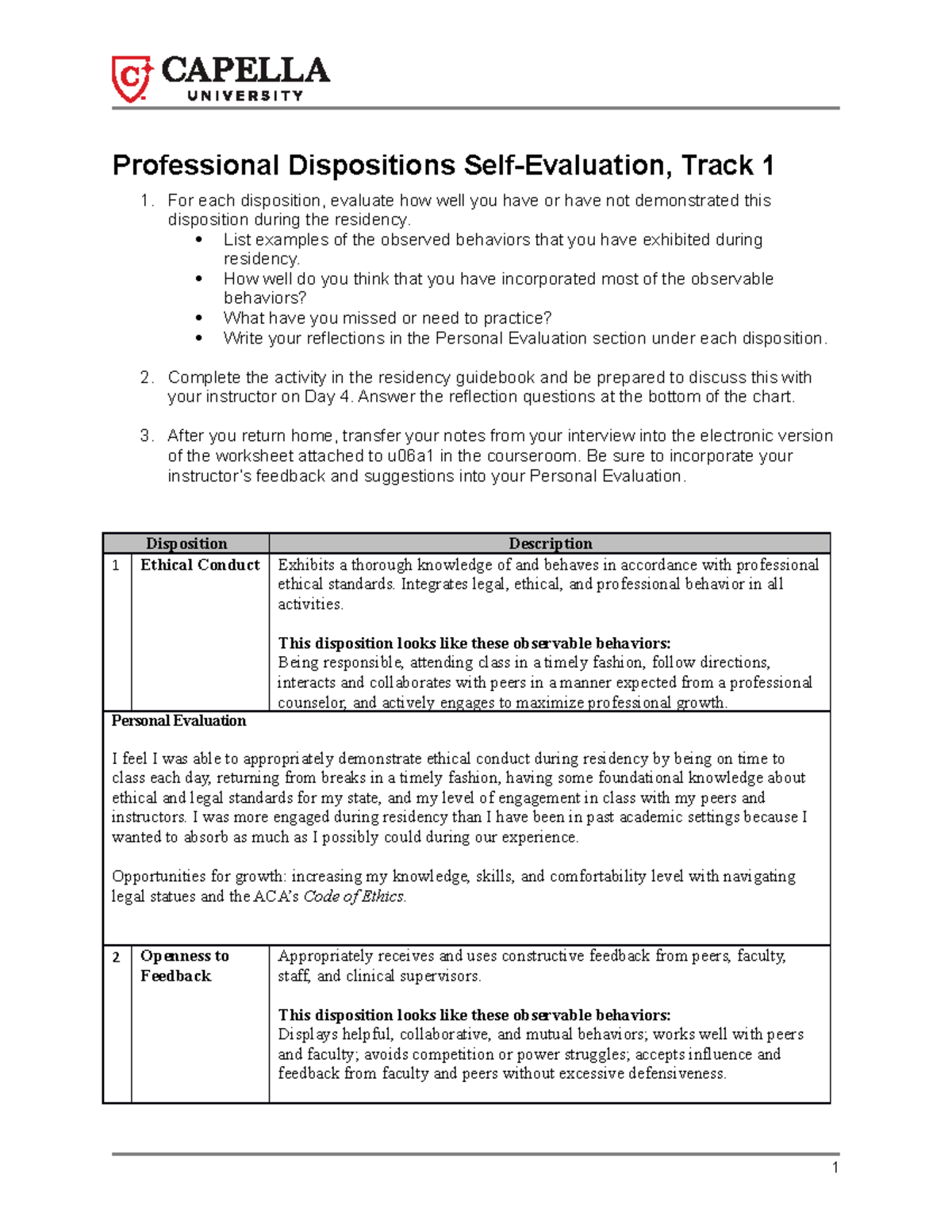 Professional Dispositions Self-Evaluation for Track 1 Residency Guide ...