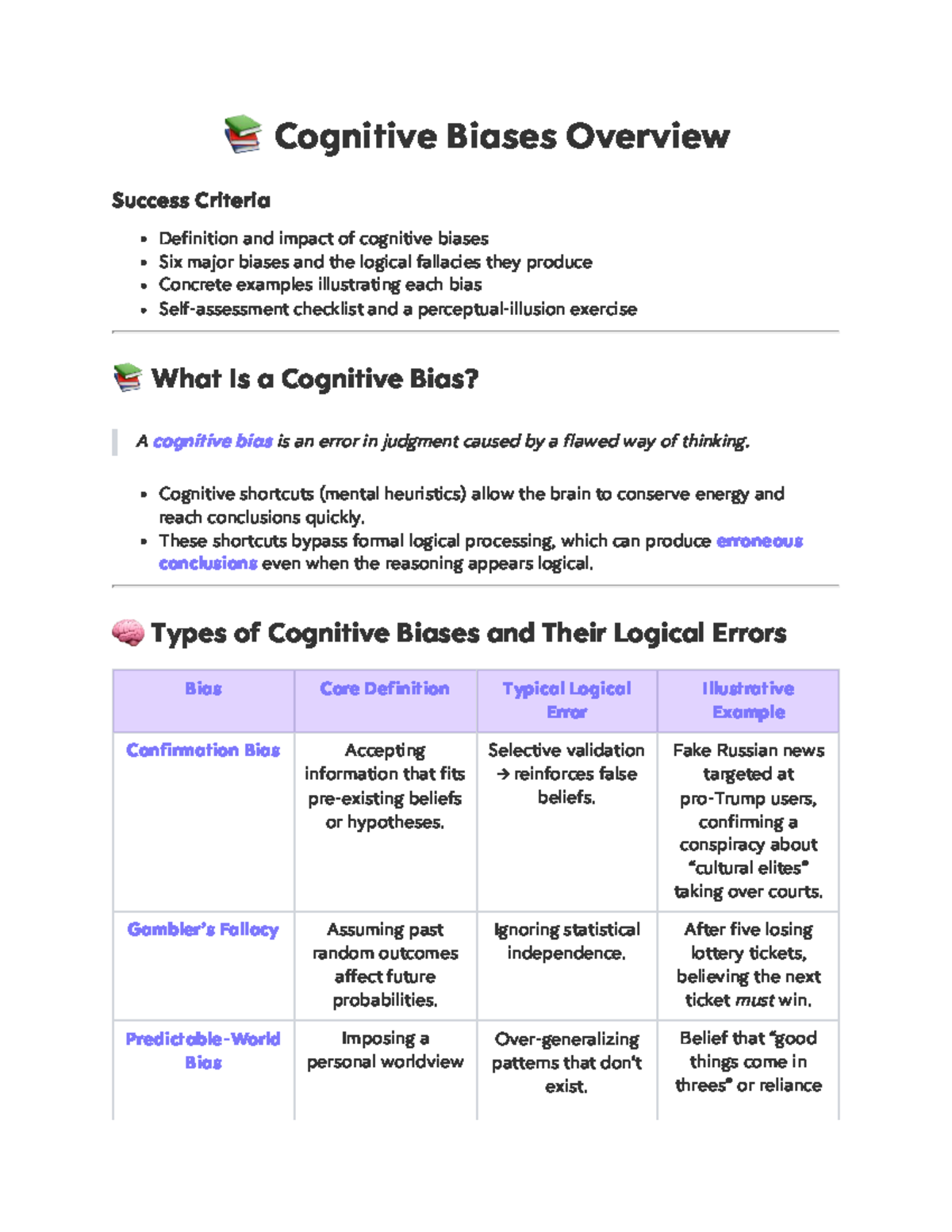 Cognitive Biases Overview: Definitions, Examples, and Exercises - Studocu