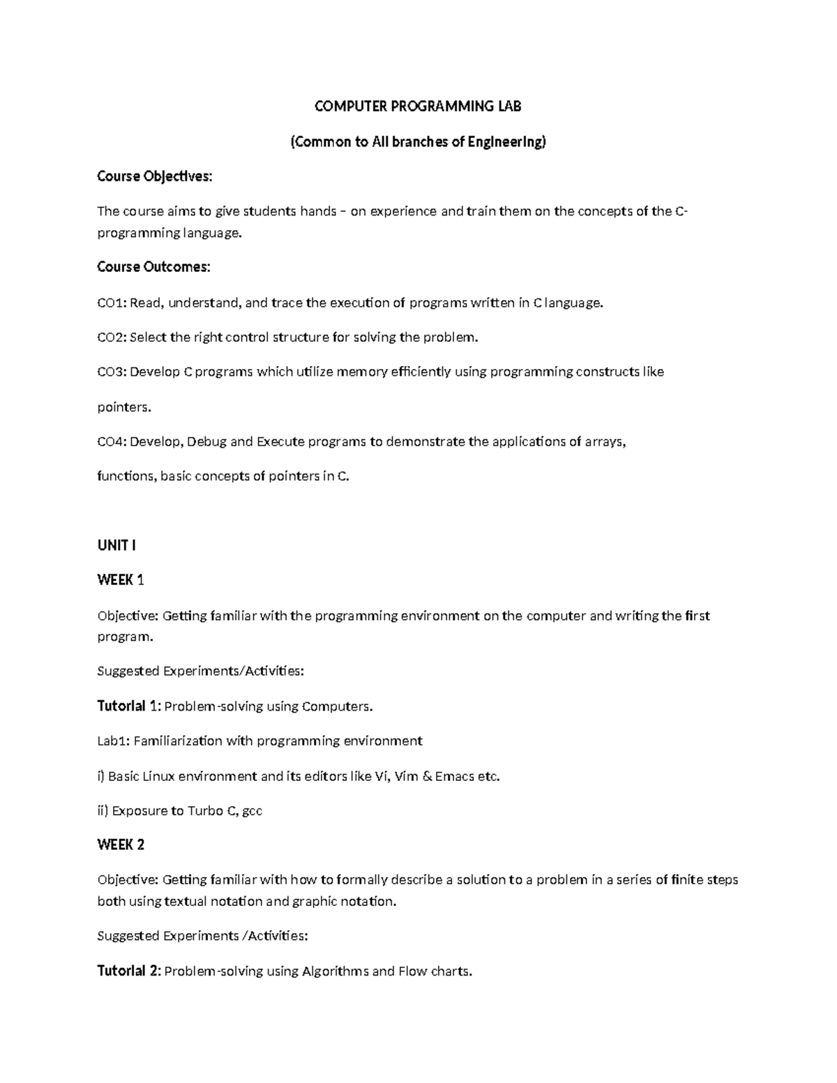 C PROGRAMMING LAB (ENGR 101) - Hands-on Experience with C Language ...