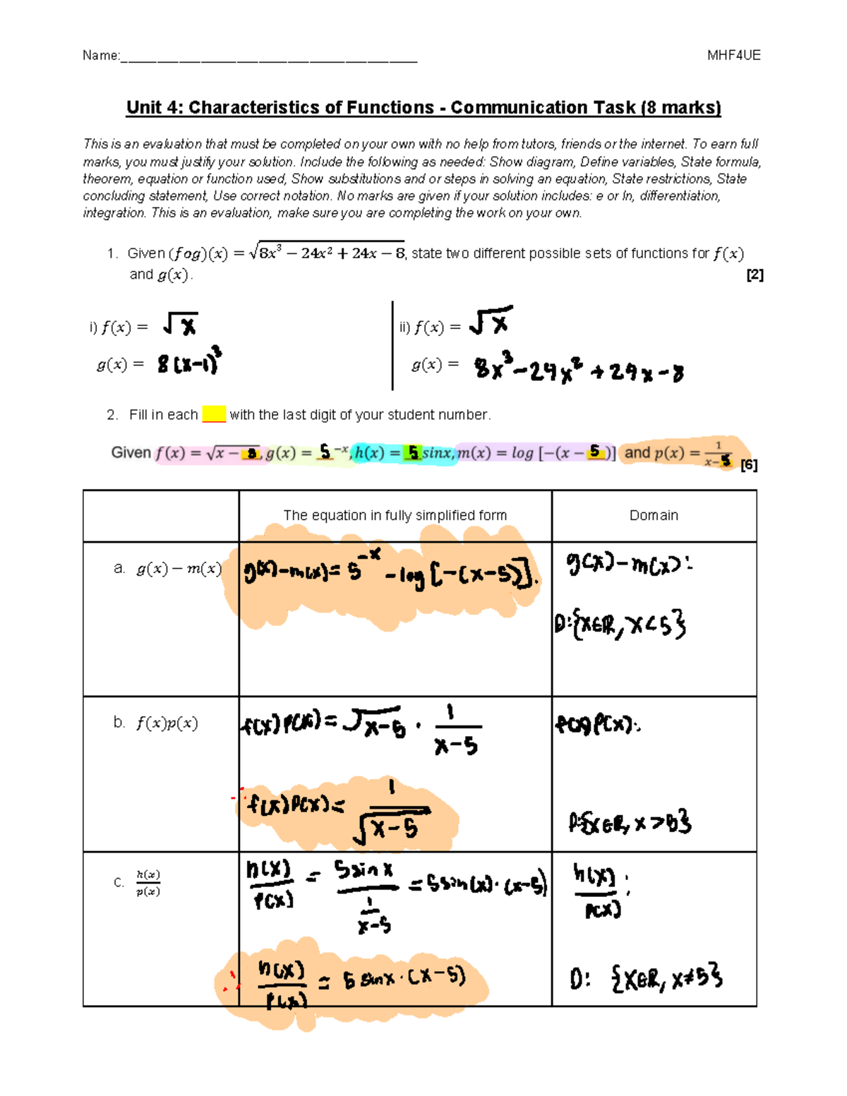 MHF4UE Unit 4: Characteristics of Functions Communication Task - Studocu