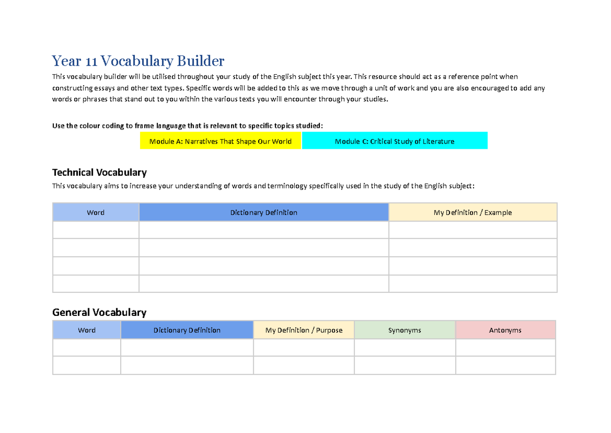 Year 11 English Vocabulary Builder: Enhance Your Language Skills - Studocu