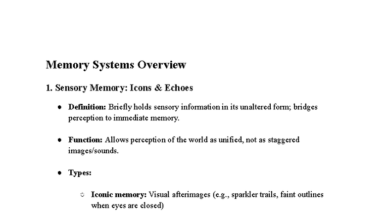 PSY 1101 Chapter 8: Overview of Memory Systems and Functions - Studocu