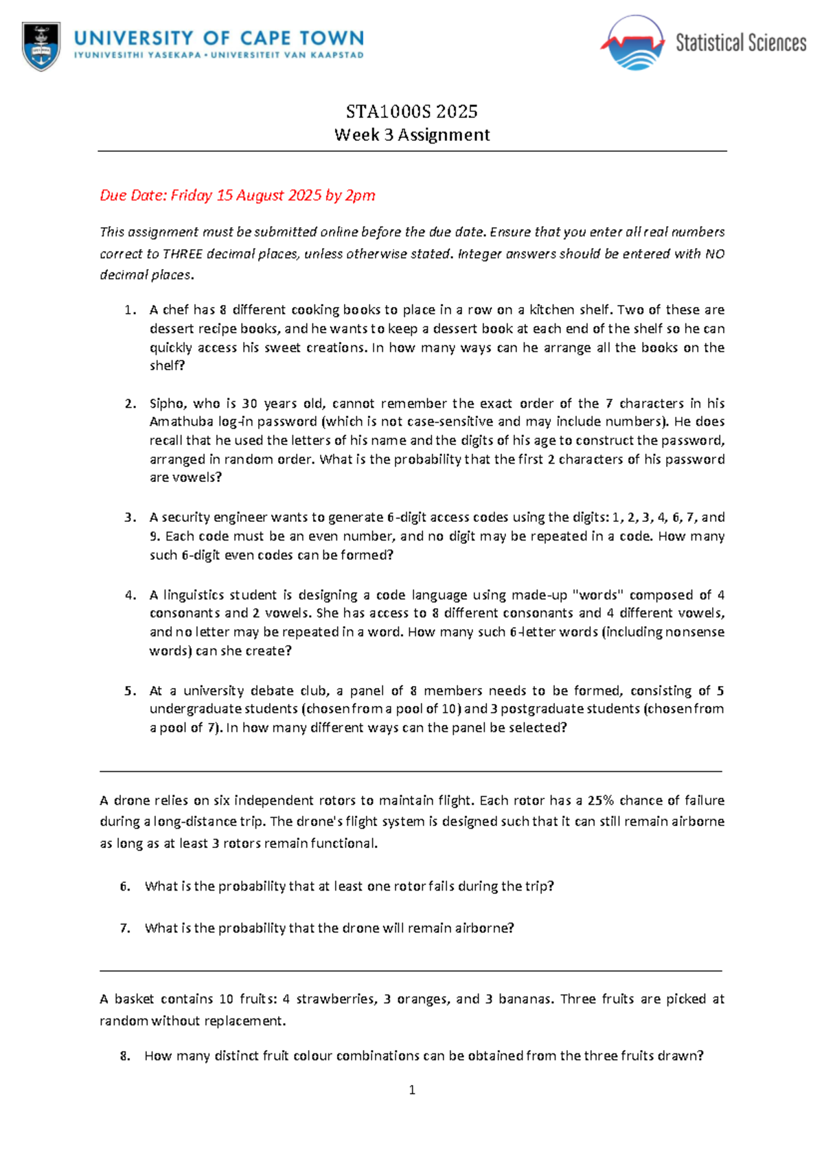 Assignment 3: STA1000S Week 3 Problems & Solutions - Studocu