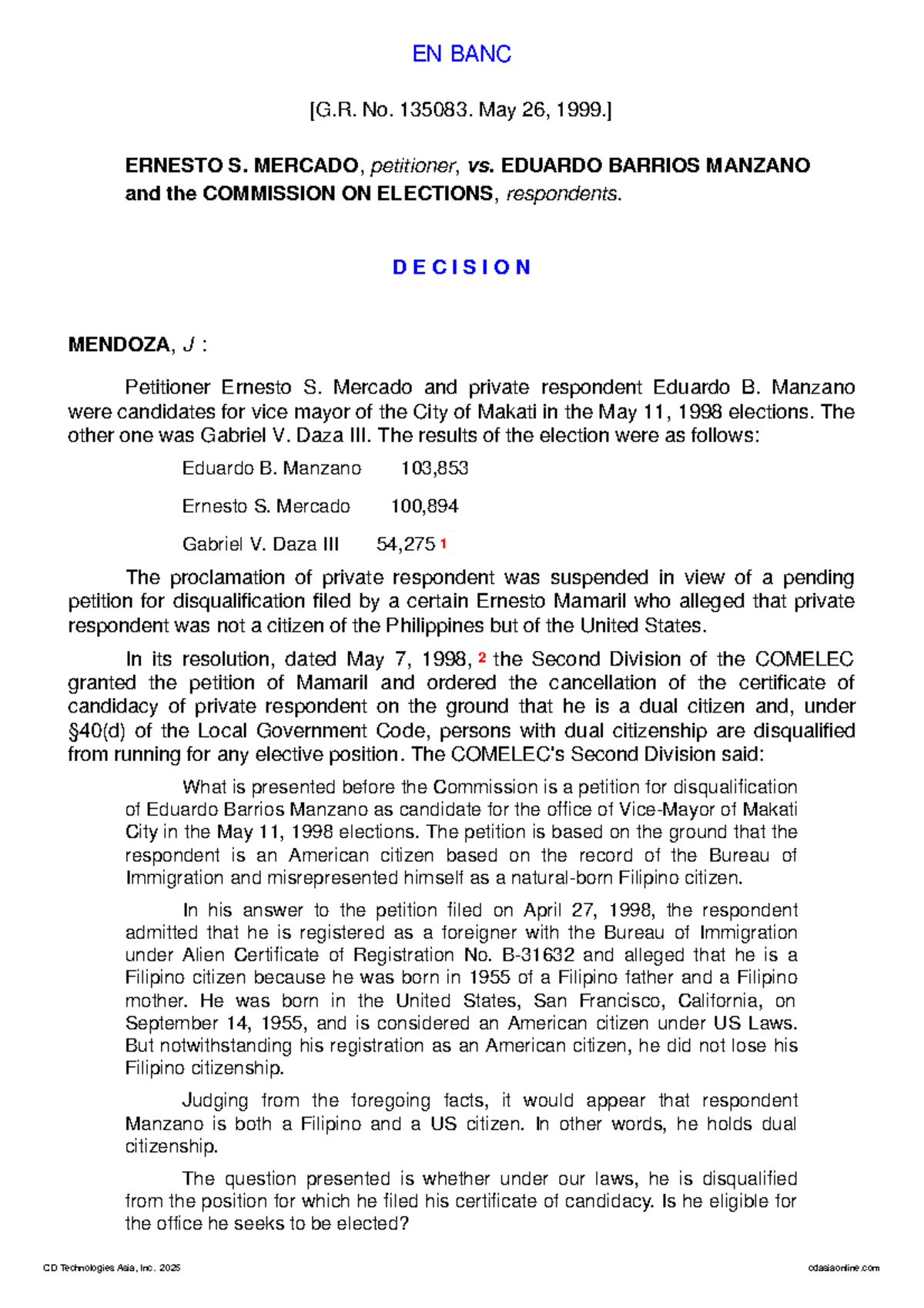 Mercado v. Manzano: Case Analysis on Dual Citizenship Disqualification ...