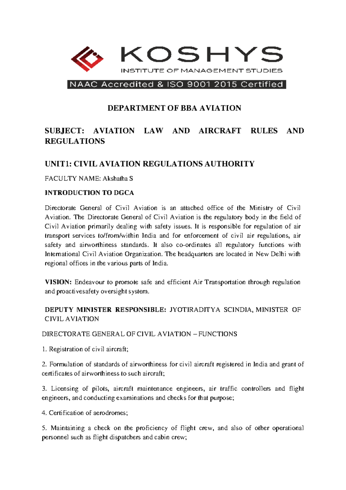 AVIATION LAW AND AIRCRAFT RULES AND REGULATIONS - DEPARTMENT OF BBA ...