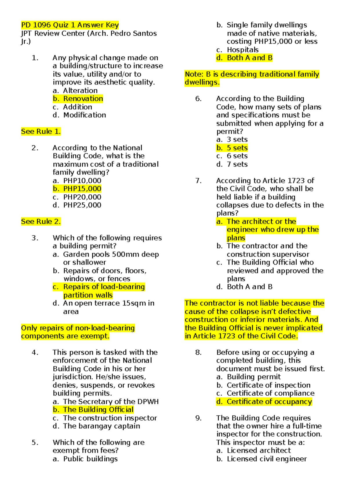 PD 1096 BLDG LAWS Quiz 1 Answer Key by Arch. Pedro Santos Jr. - Studocu