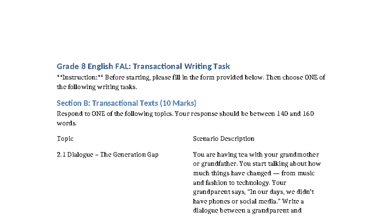 Grade 8 English FAL: Transactional Writing Task Guide - Studocu