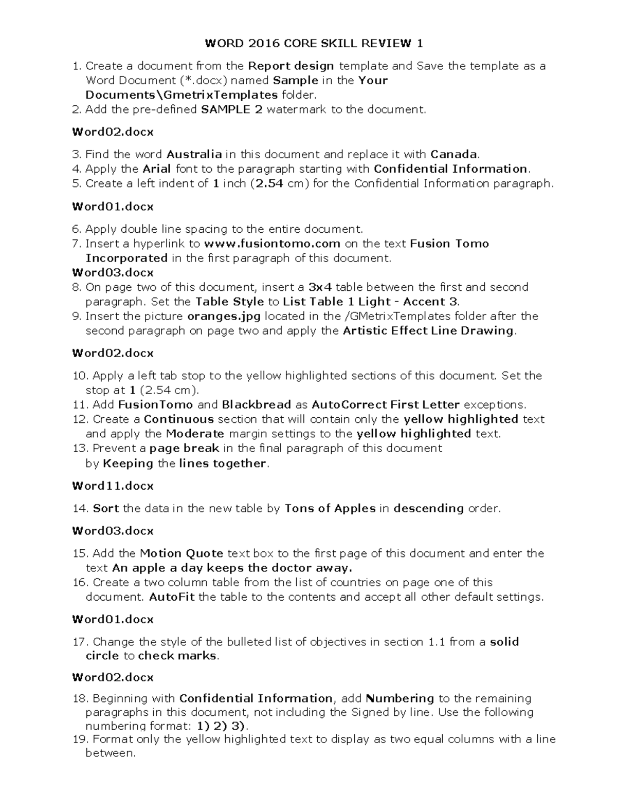 WORD 2016 CORE SKILLS REVIEW 1 - Practical Exercises - Studocu