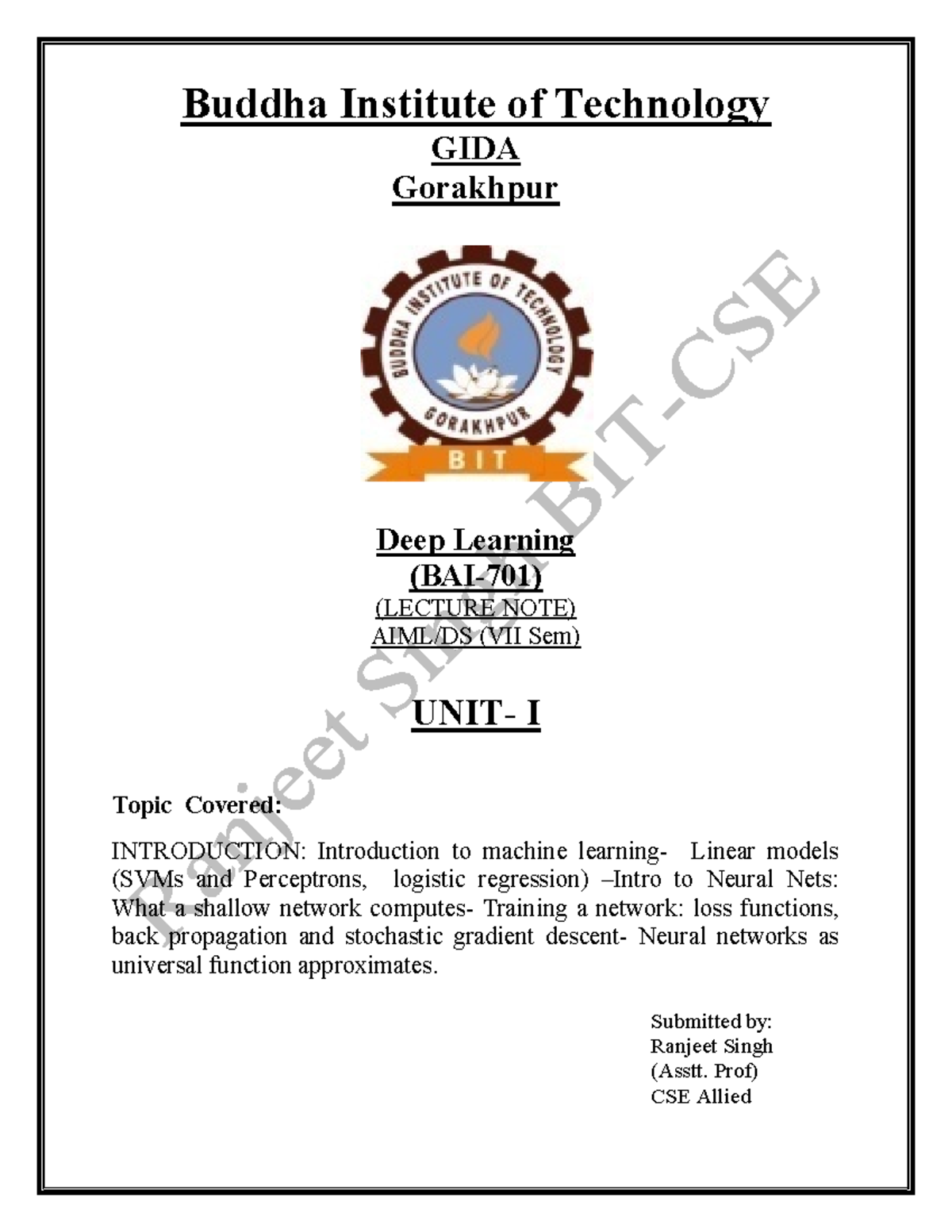 Unit-1 Deep Learning Lecture Notes (CSE VII Sem) - Studocu