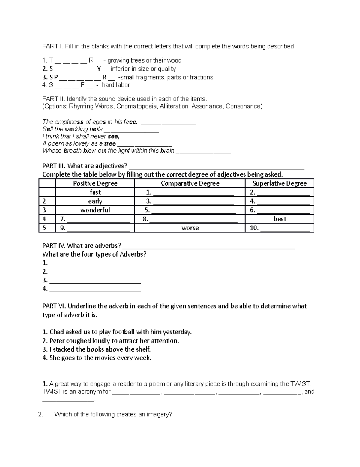 Long quiz - long quiz for english 9 - PART I. Fill in the blanks with ...