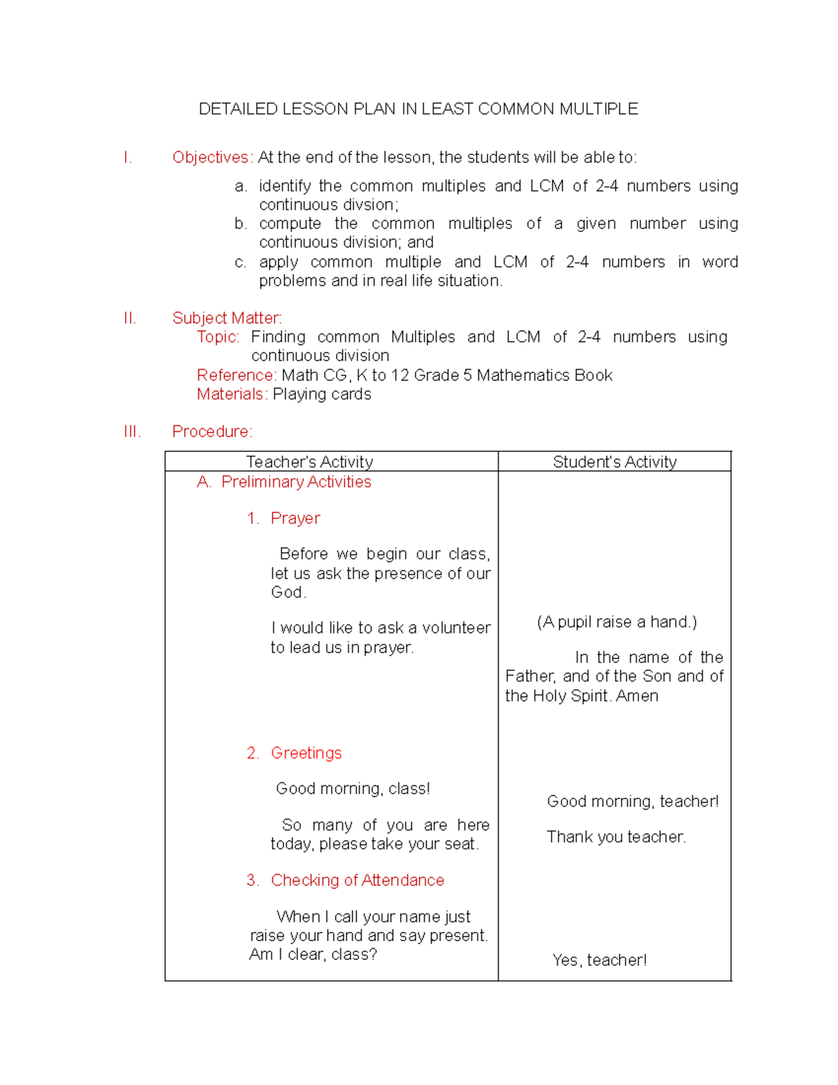 Detailed Lesson Plan on LCM for Grade 5 Mathematics (Math CG) - Studocu