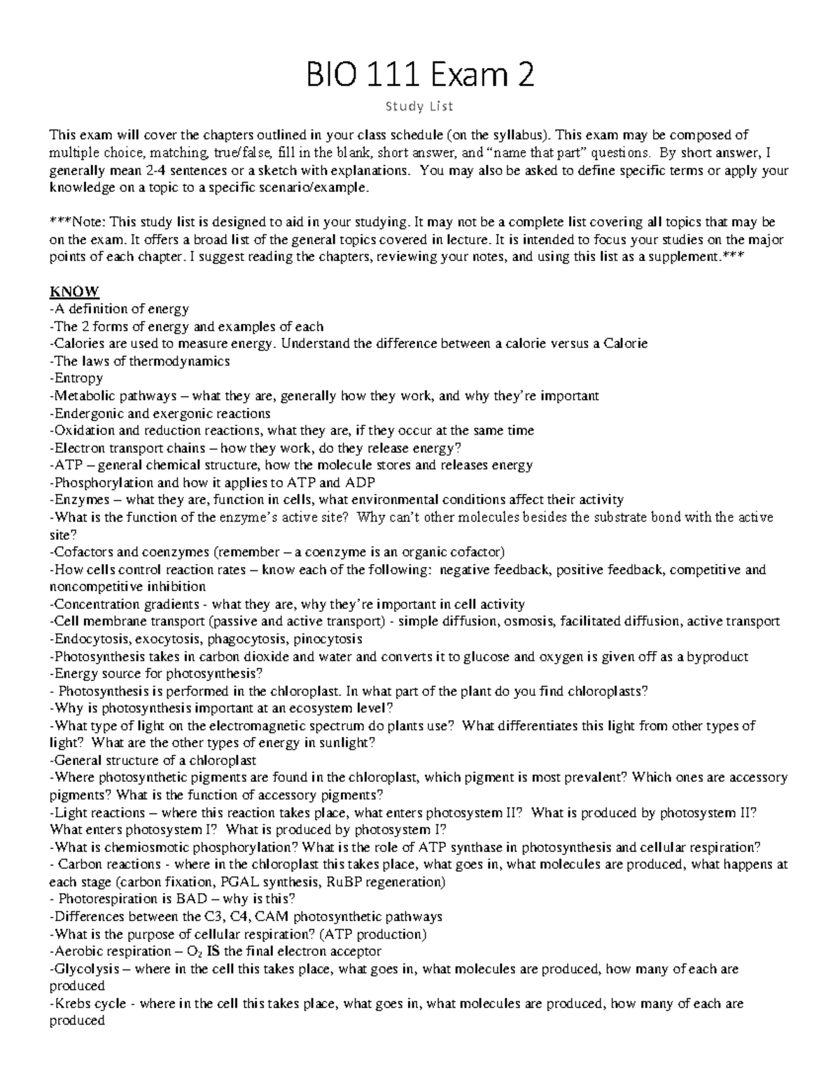 BIO 111 Final Exam Study Guide: Key Topics & Concepts - Studocu