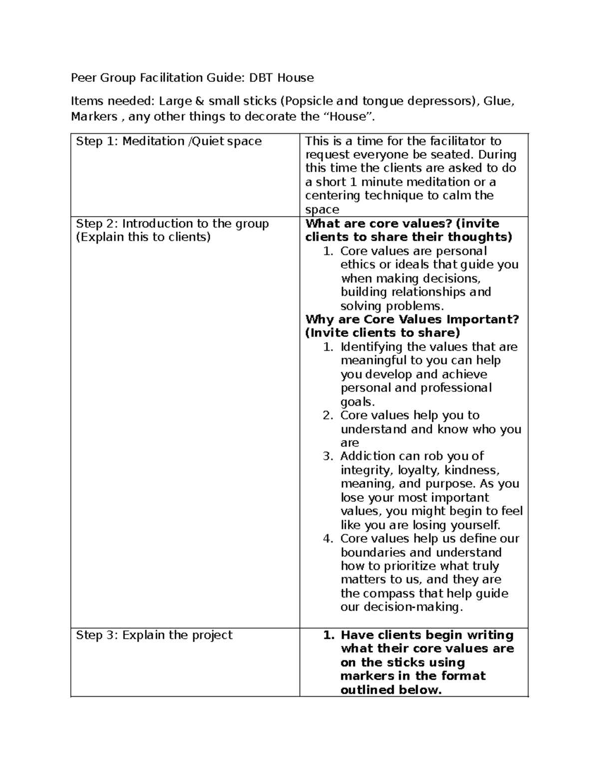Core Values Identification Project: DBT Group Facilitation Guide - Studocu