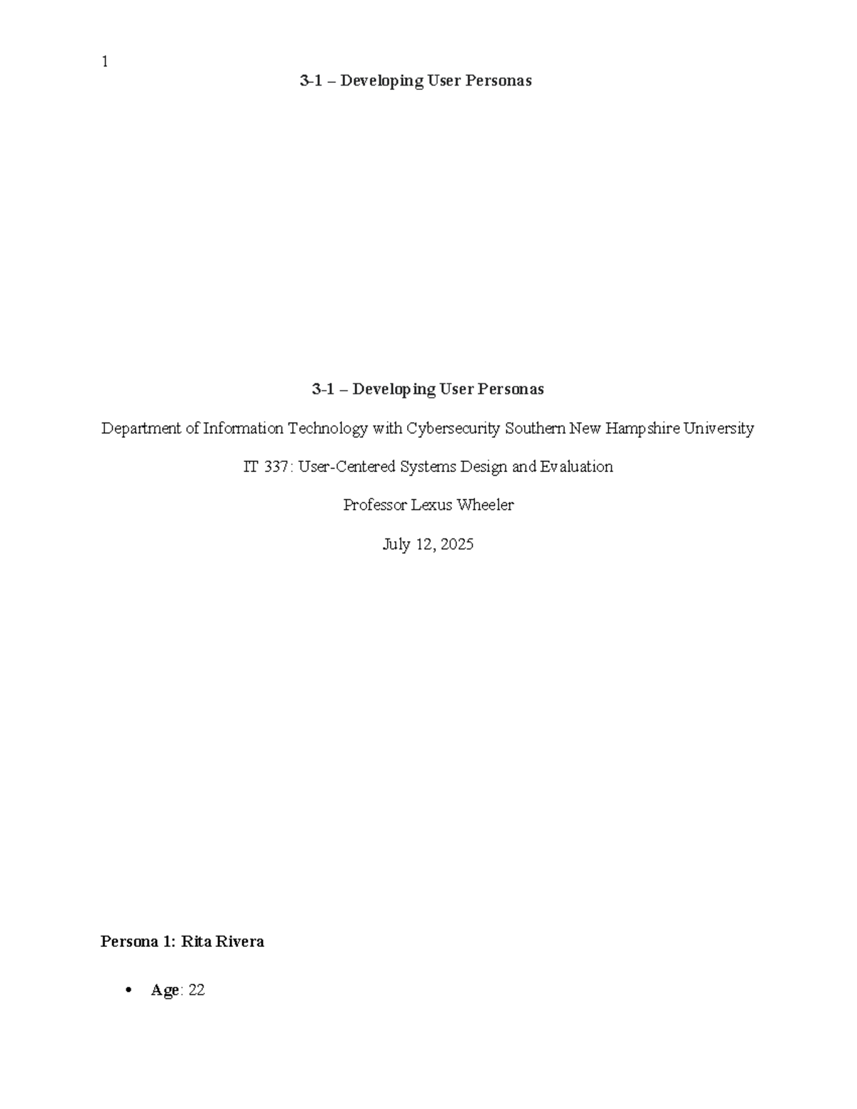 IT 337: Developing User Personas - 3-1 Milestone Report - Studocu