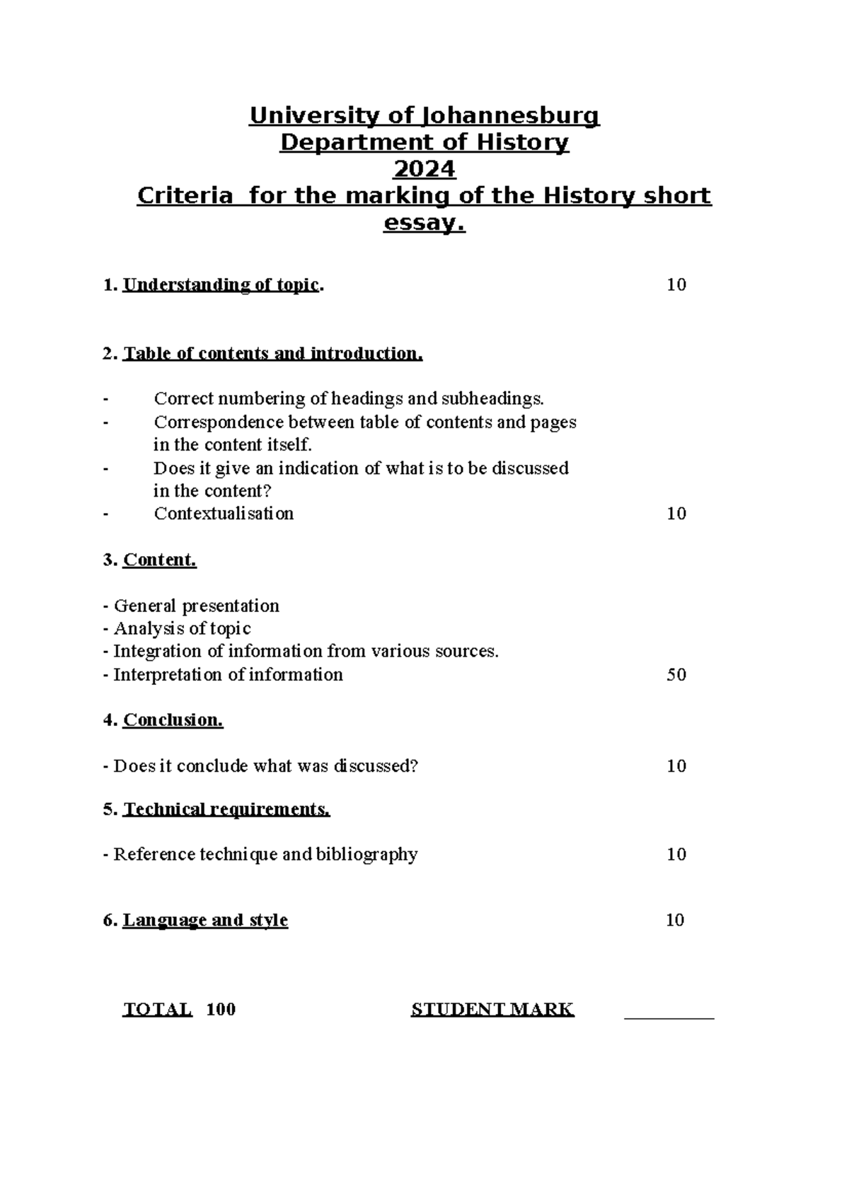 Marking Criteria for History Short Essay (HIST 2024) - Studocu