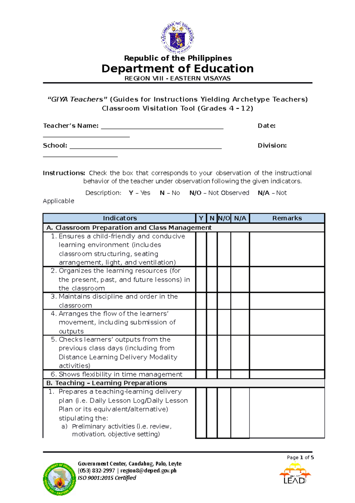 GIYA Teachers Classroom Visitation Tool G4 12 - Republic of the ...