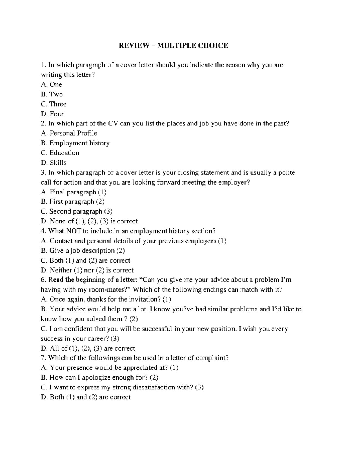 REVIEW - MULTIPLE CHOICE QUESTIONS ON CV & COVER LETTER - Studocu