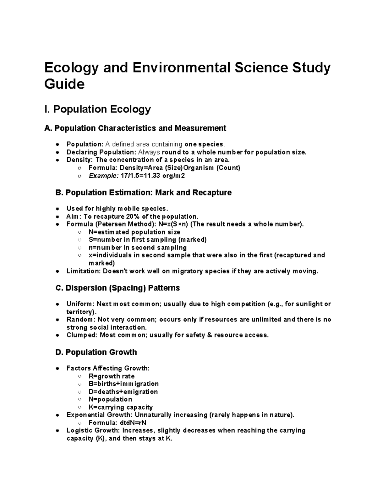Ecology and Environmental Science Study Guide I: Population and ...