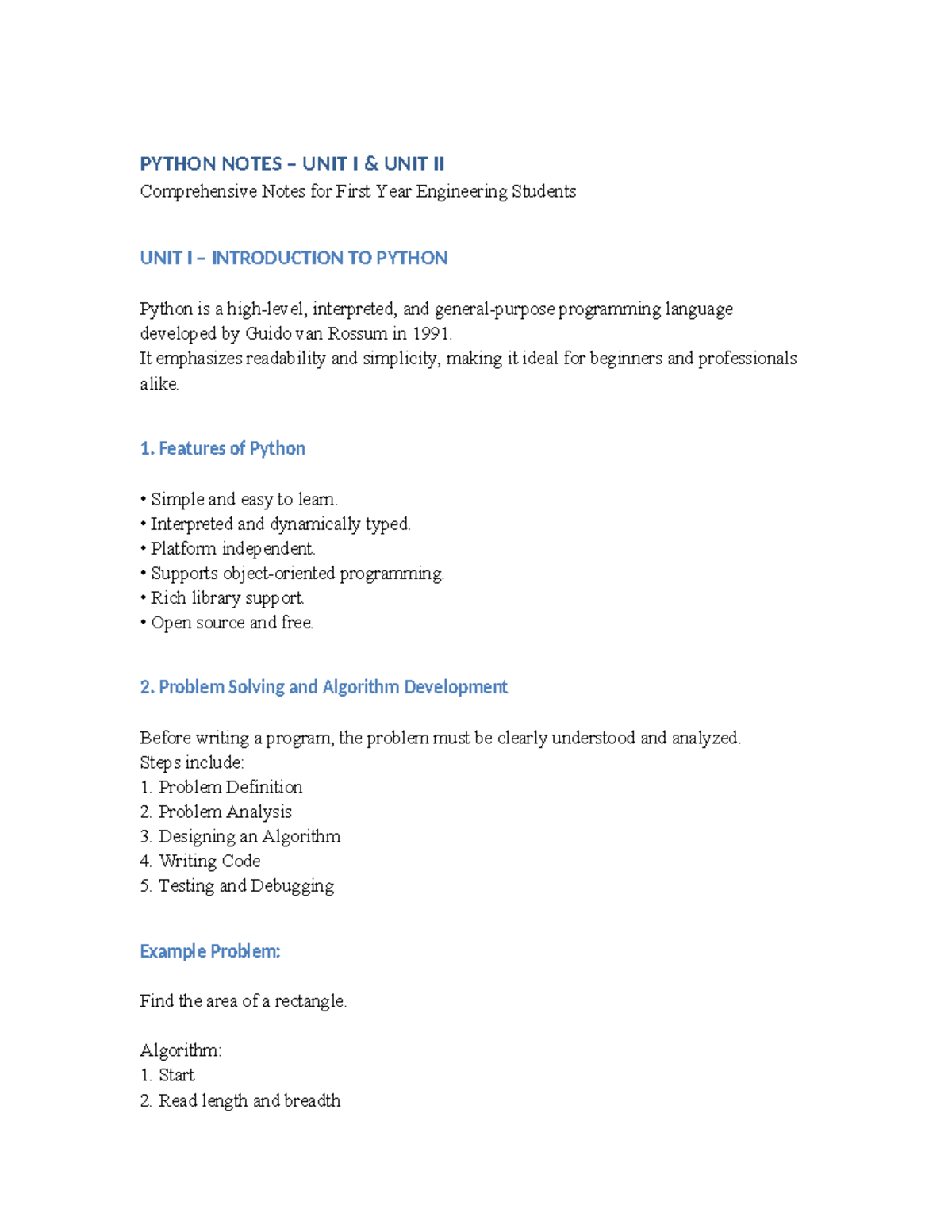 PYTHON NOTES UNIT I & II: Comprehensive Guide for Engineering Students ...