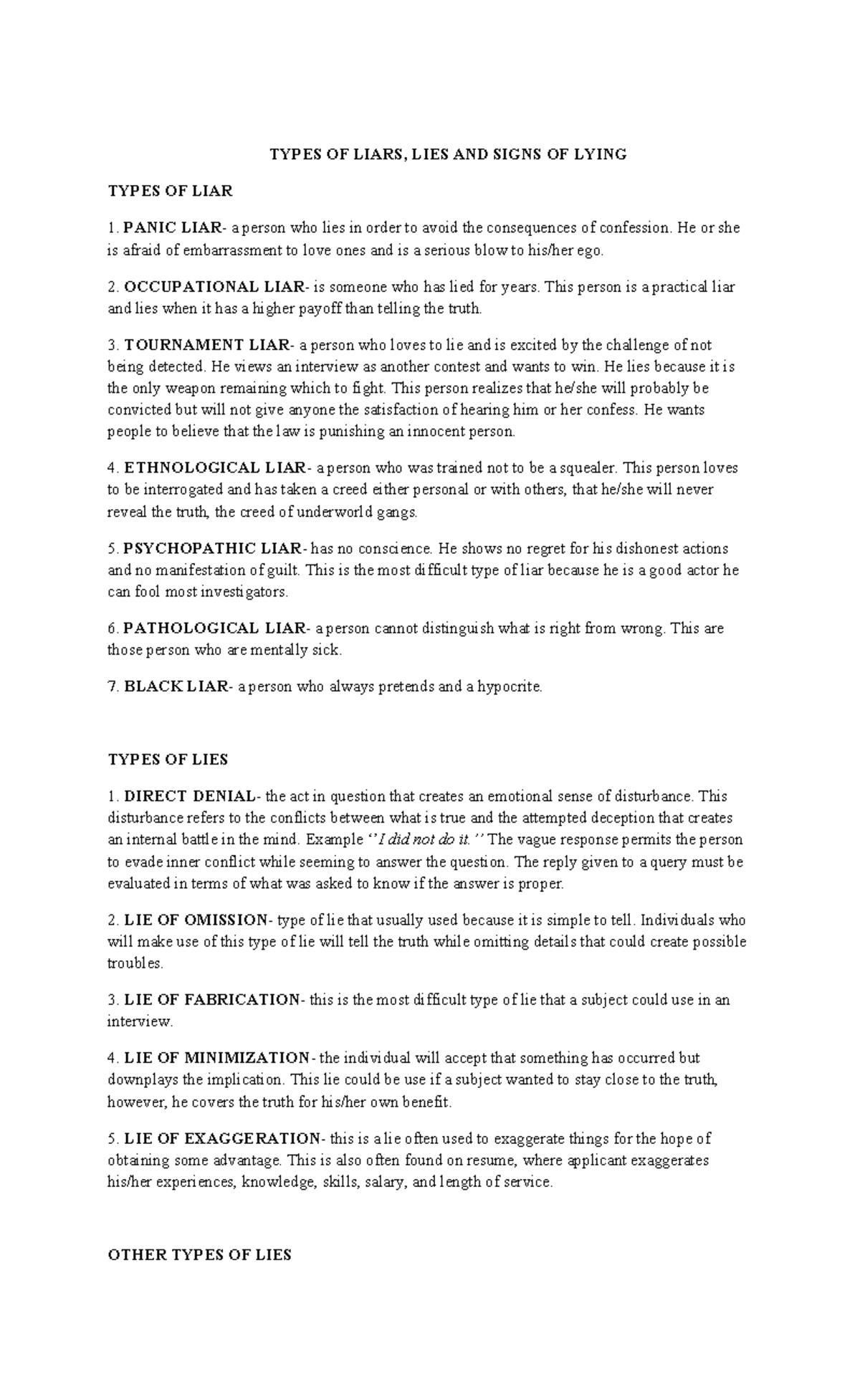 Poly2 - Types of Liars, Lies & Signs of Lying - Study Notes - Studocu