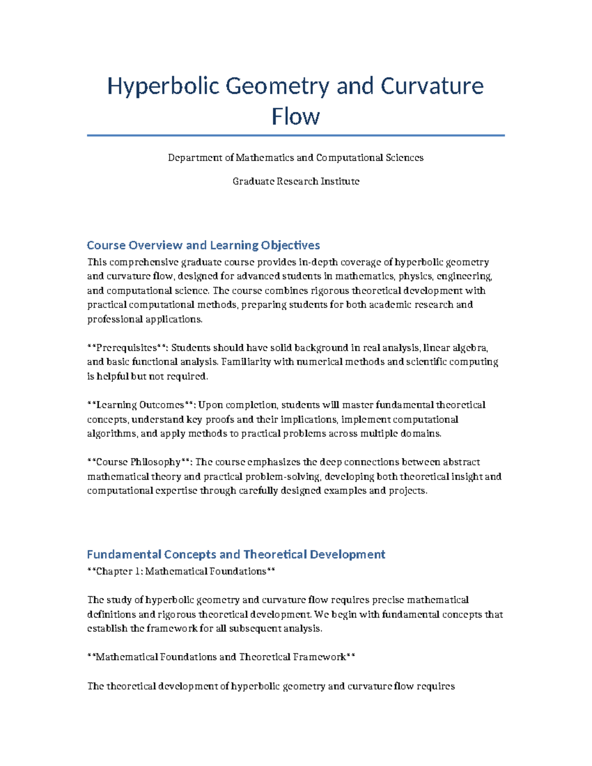 Hyperbolic Geometry & Curvature Flow: Graduate Course Overview - Studocu