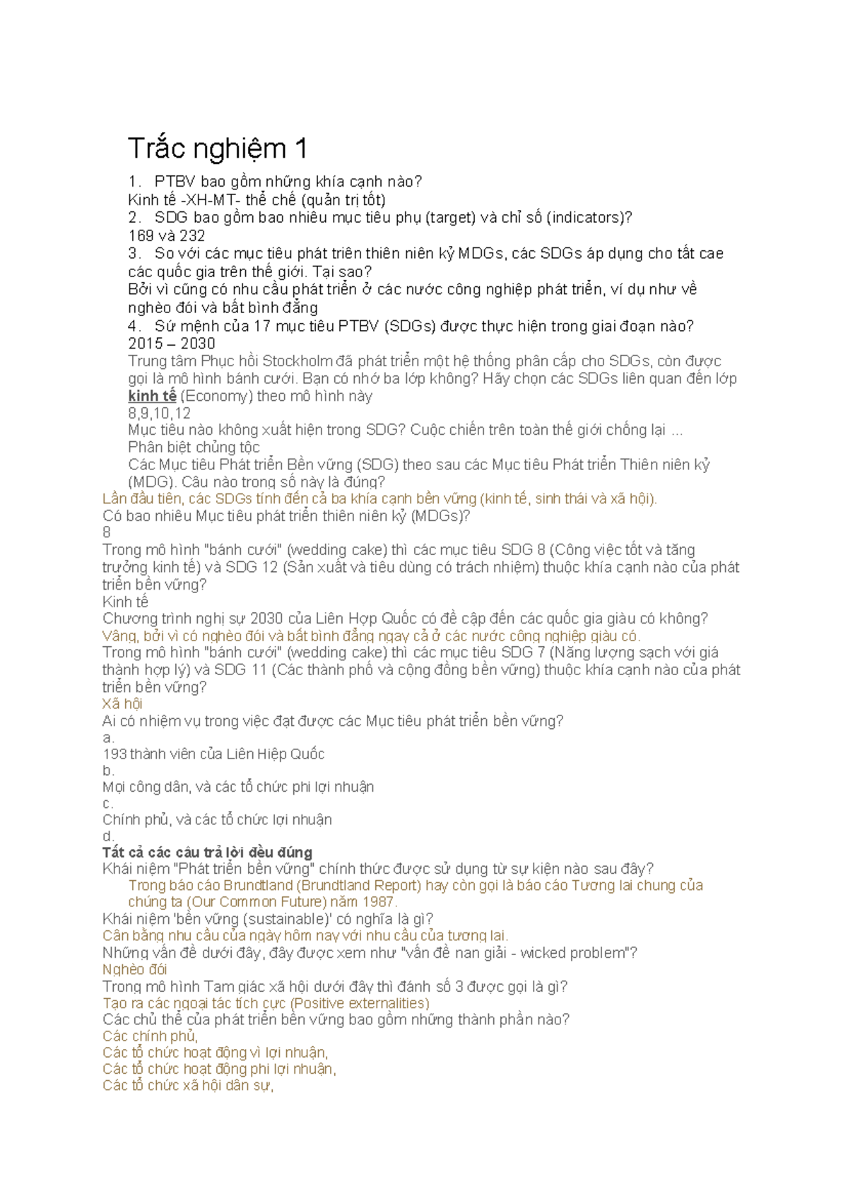 Trắc nghiệm về Phát triển Bền vững (PTBV) - TL PTBV - Studocu