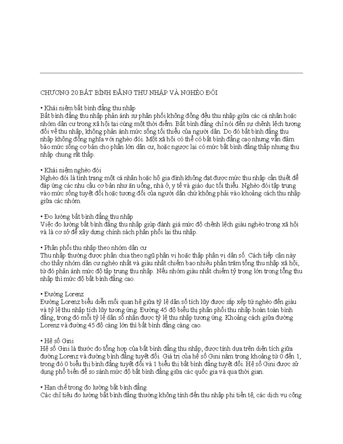 CHƯƠNG 20: BẤT BÌNH ĐẲNG THU NHẬP VÀ NGHÈO ĐÓI - TỔNG QUAN - Studocu