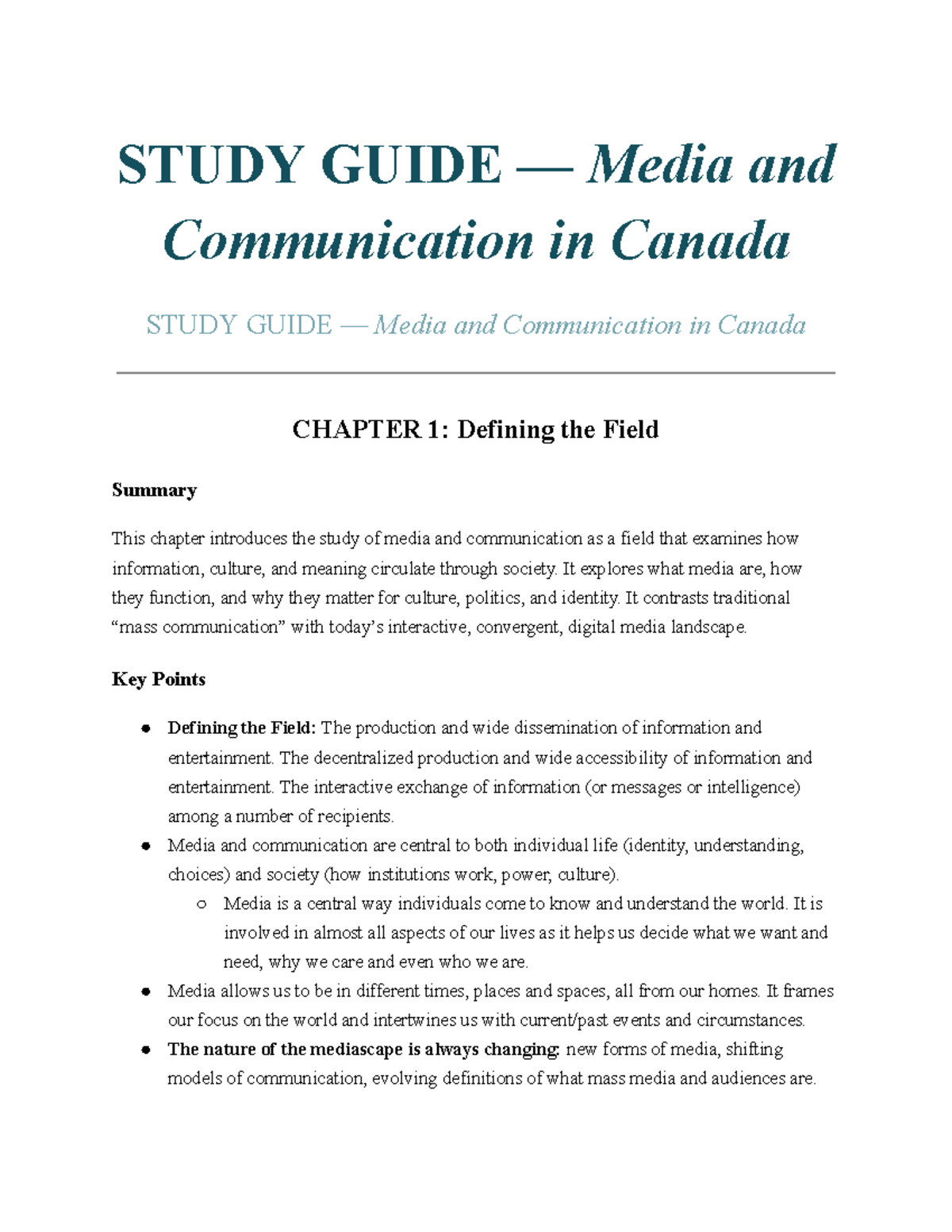 STUDY GUIDE: Media and Communication in Canada - Chapter 1 Summary ...