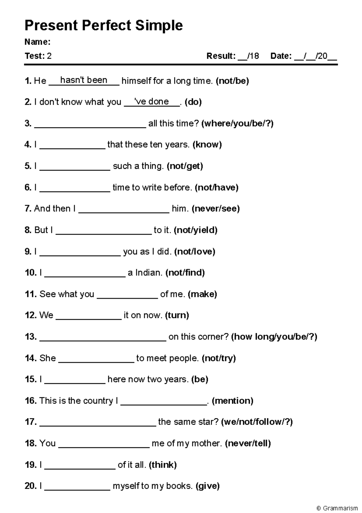 Present Perfect Simple Exercises: Test & Practice - Studocu