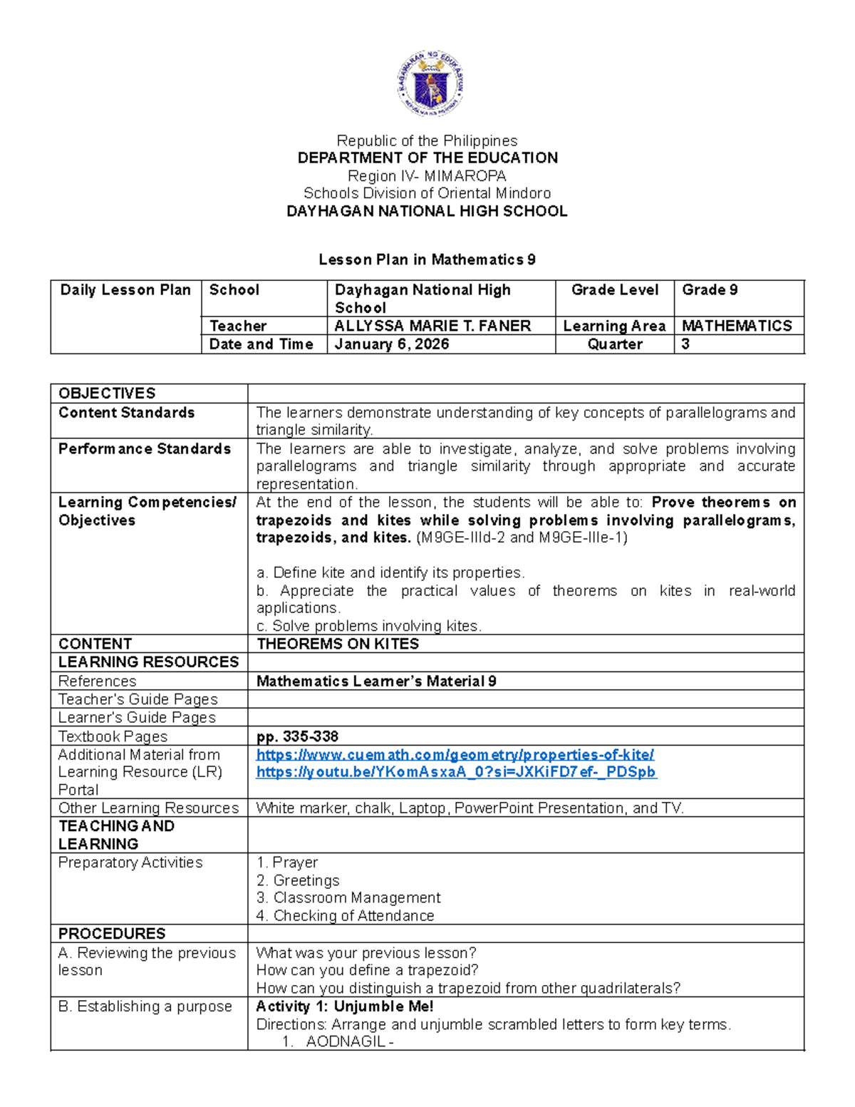 Mathematics 9 Lesson Plan: Theorems on Kites (Quarter 3) - Studocu