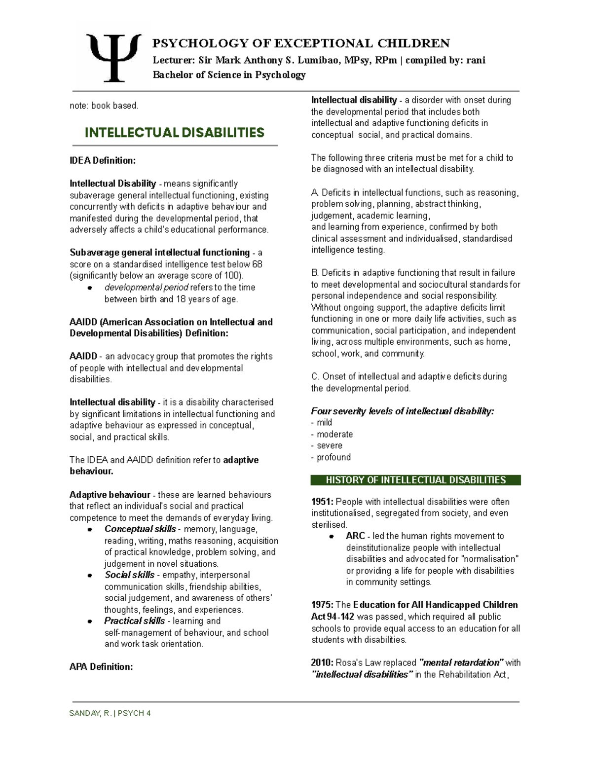 PSY 101: Psychology of Exceptional Children - Midterm Notes - Studocu