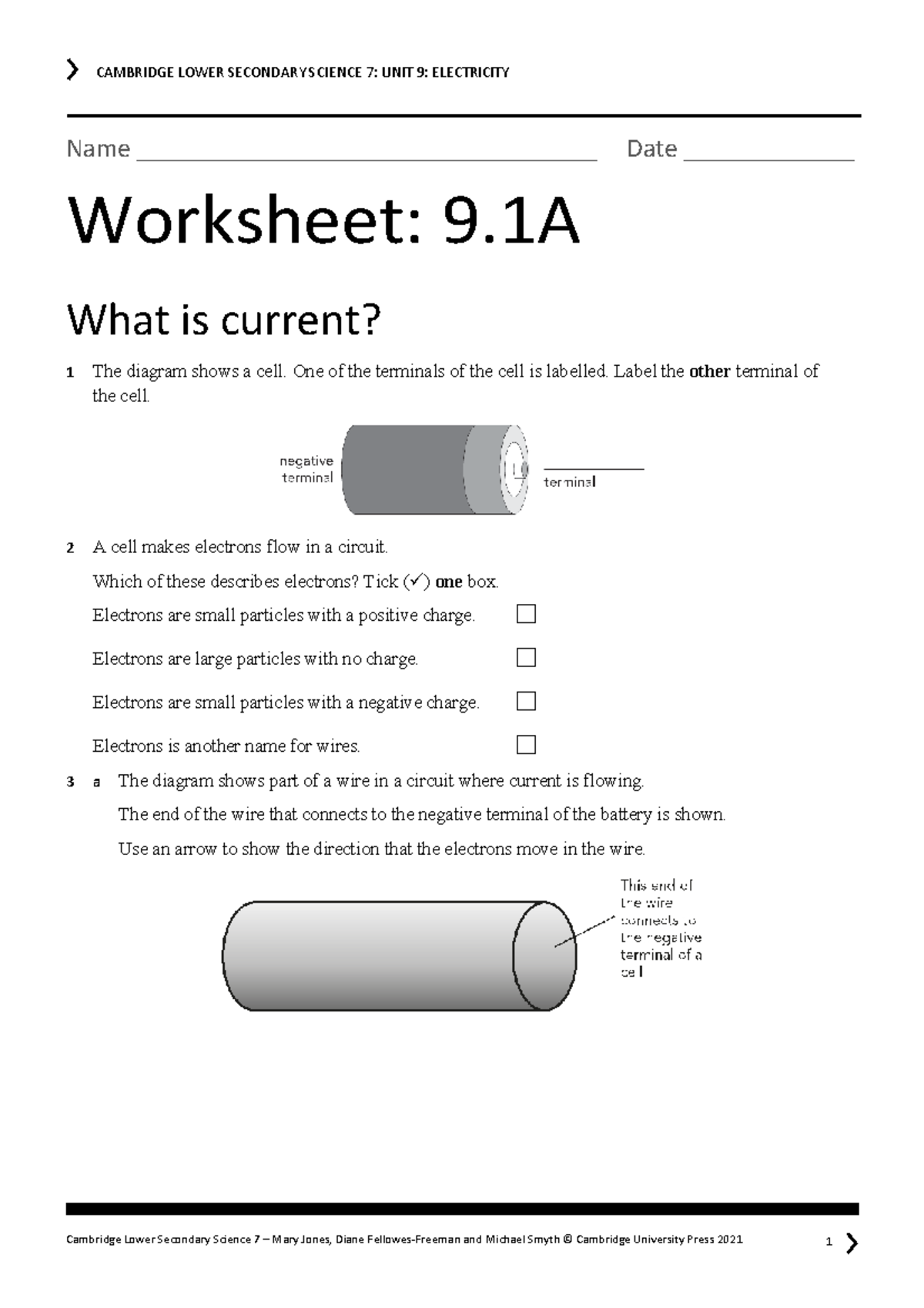 CAMBRIDGE LOWER SECONDARY SCIENCE 7: UNIT 9 WORKSHEETS ON ELECTRICITY ...