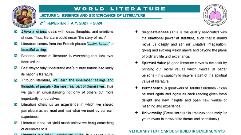 LECTURE 1: ESSENCE AND SIGNIFICANCE OF LITERATURE (BSRT U3A 1) - Studocu