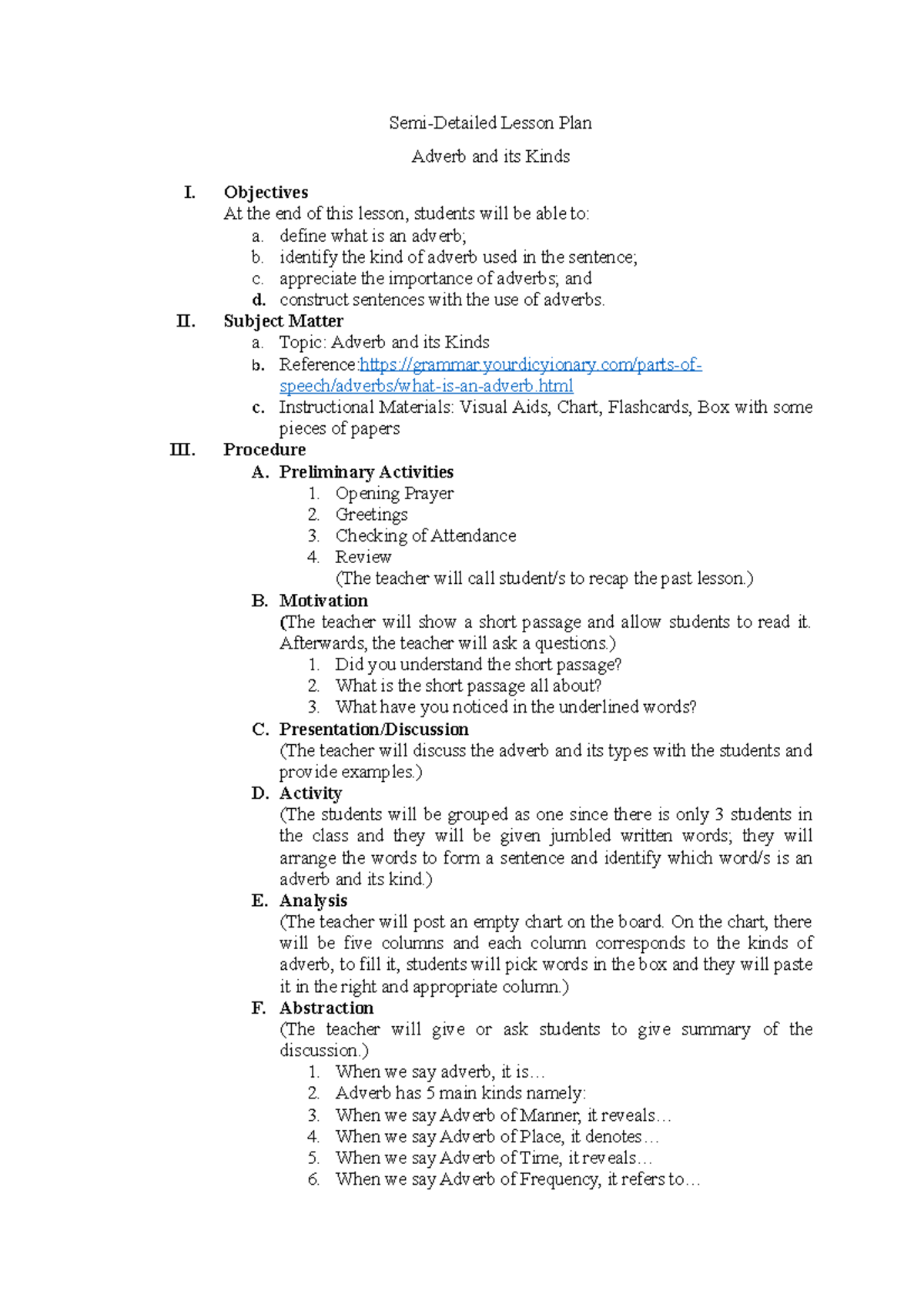 Adverb and its Kinds Semi-detailed Lesson Plan - Semi-Detailed Lesson ...