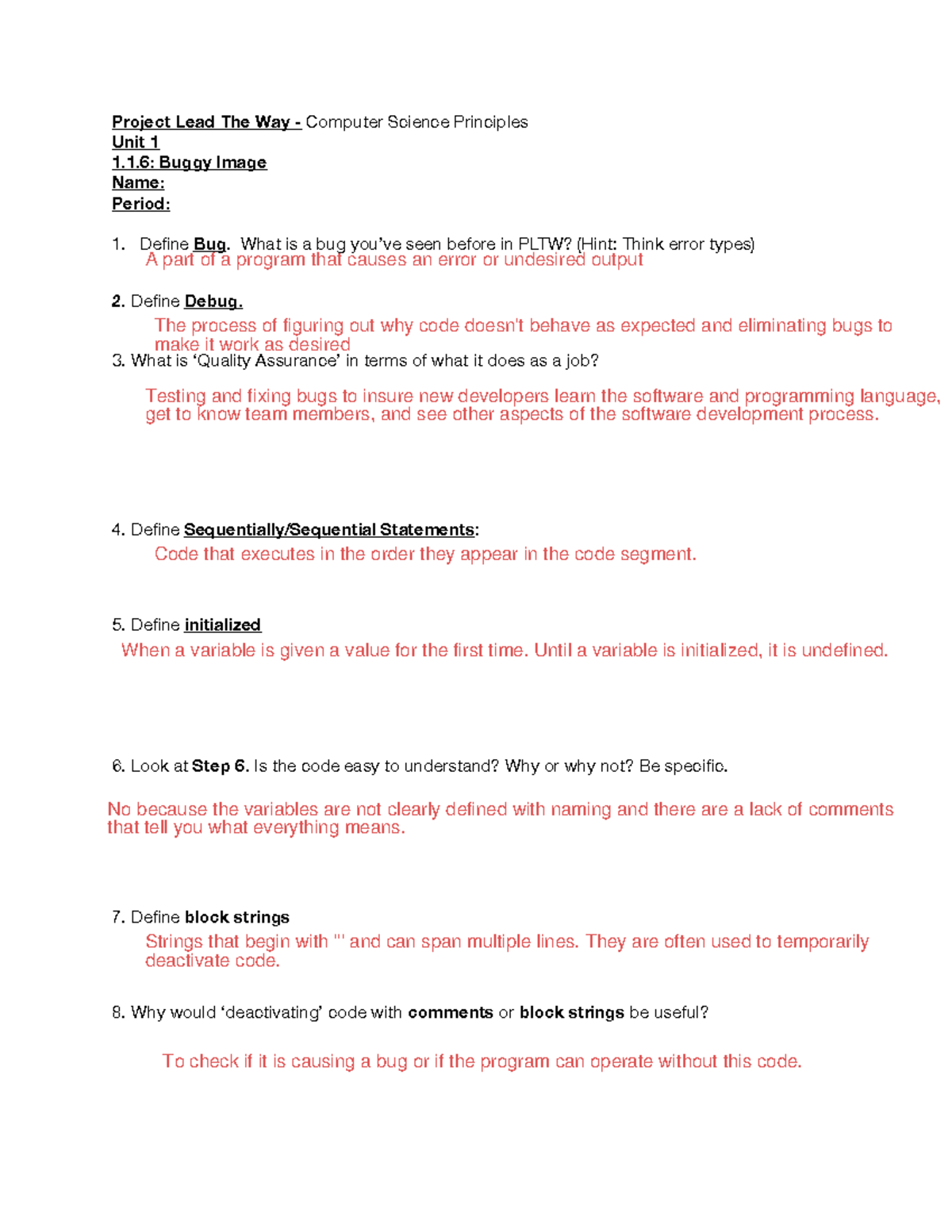 PLTW CSE Unit 1.1.6: Understanding and Debugging Code Errors - Studocu