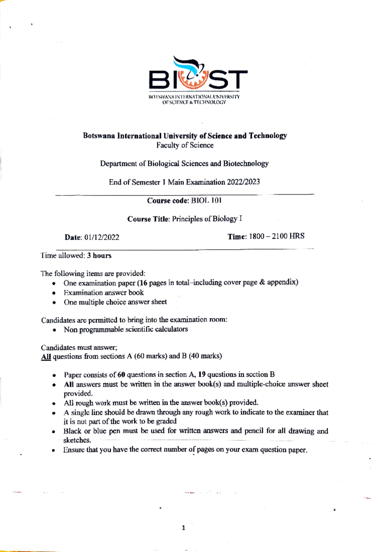BIOL 101 - Principles of Biology I Semester 1 Exam Paper 2022 - Studocu