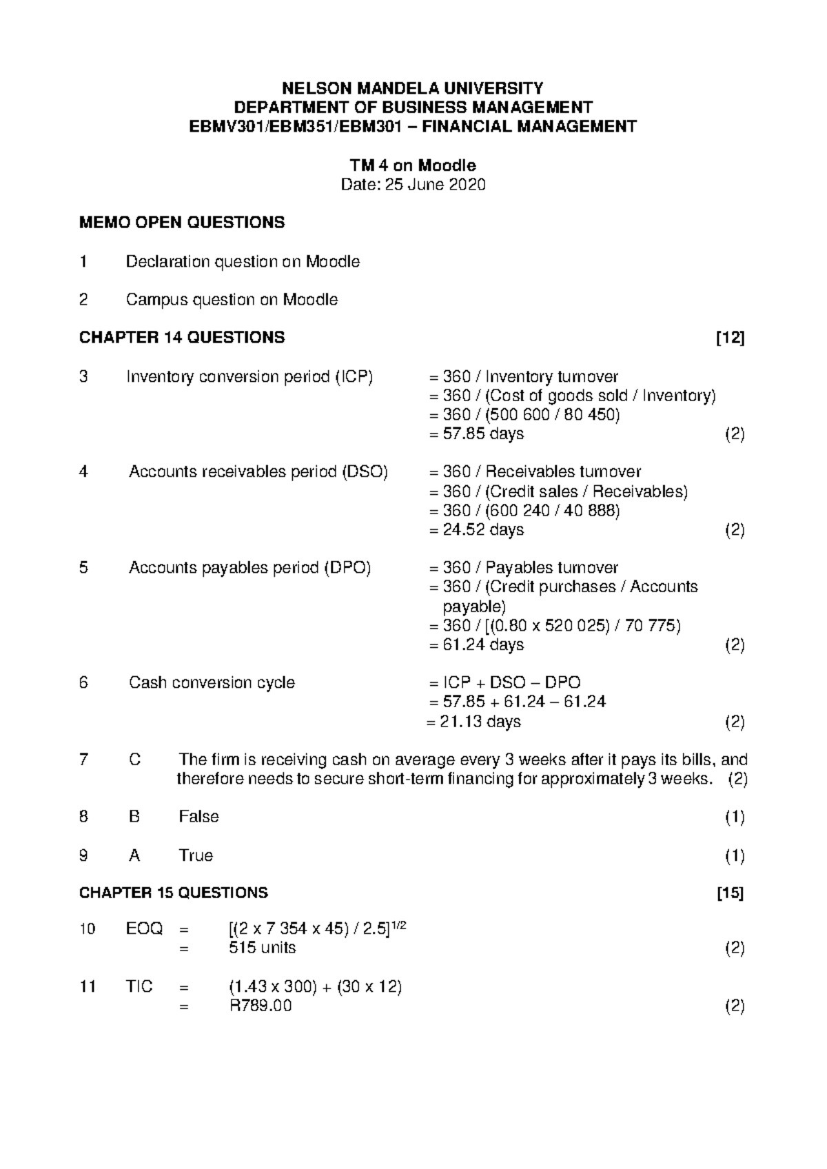 2020 EBMV301 TM4 MEMO for Moodle - NELSON MANDELA UNIVERSITY DEPARTMENT ...
