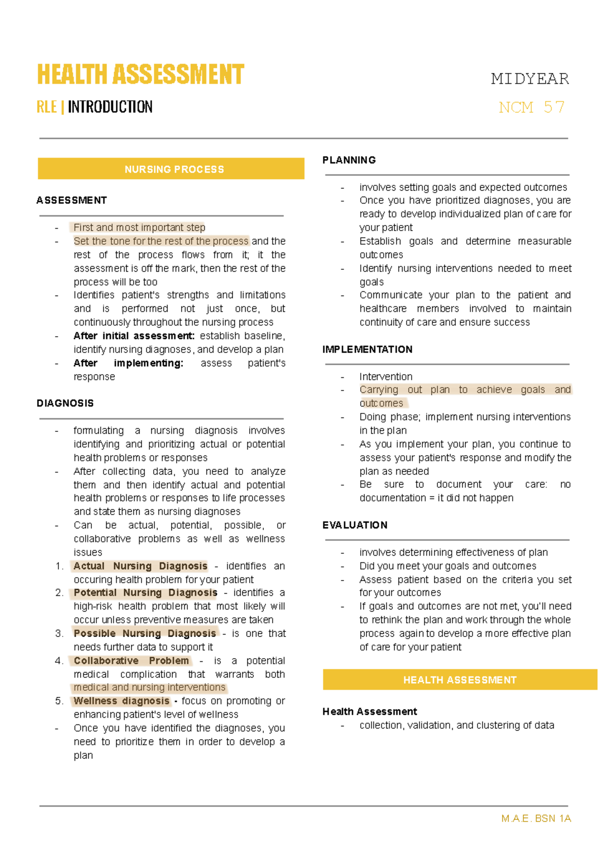 Health Assessment Overview: RLE | Introduction NCM 57 - Studocu